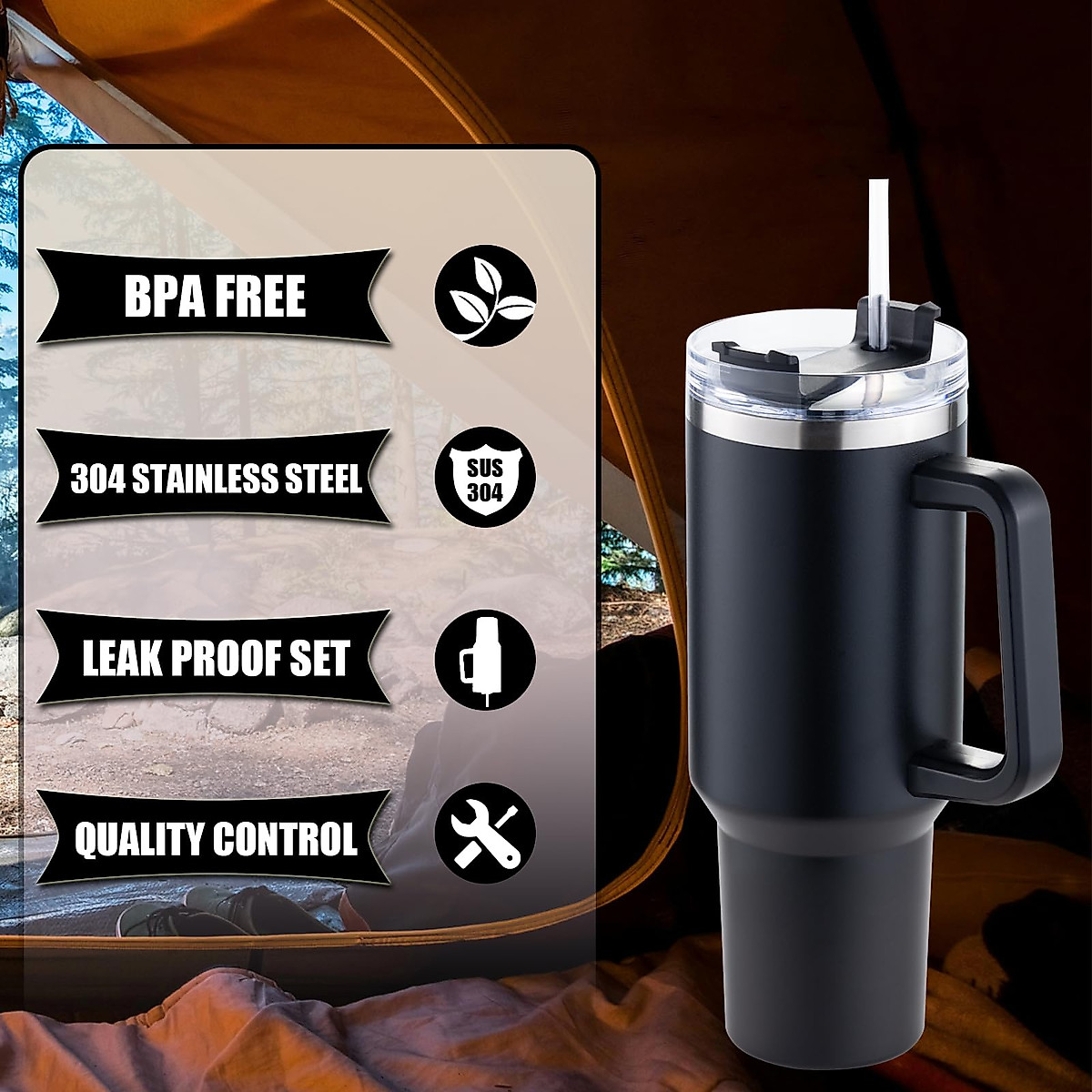 Xereizo 40 oz Tumbler with Handle and Straw, Leak Proof Stainless Steel Insulated Travel Coffee Tumbler Cups Lid and Straw, Iced for 40 Hours Cupholder Friendly Water Bottle Mug, Black