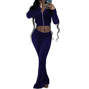 2 Piece Outfits Velour Tracksuit for Women Zip Up Hoodie Velvet Jogging Sweatsuit Workout Sets Blue S