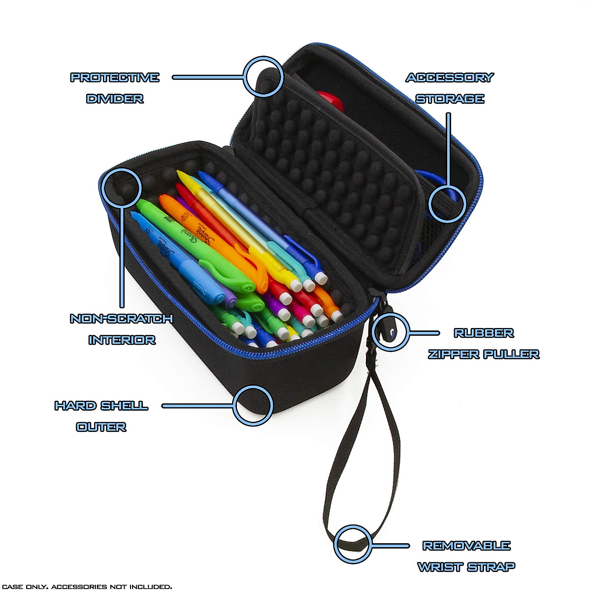 CASEMATIX Pencil Case and Protective Pencil Pouch with Removable Wrist Strap - Large Pencil Bag for 50+ Pens, Pencils and Markers with Padded Divider, Netted Accessory Storage and More - Case Only
