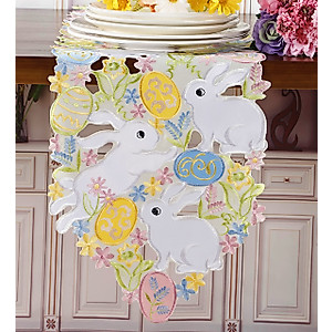 Easter Table Runner Spring Bunnys Flowery Table Runner Cutwork Embroidered Floral and Bunnys Dresser Scarf Table Topper Home Kitchen Dining Tabletop Decoration (Runner 13"×36", Bunny)