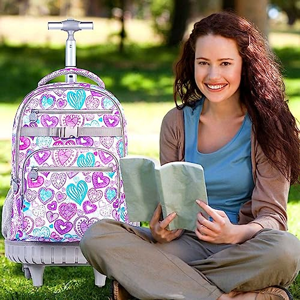 FTJCF 3pcs Rolling Backpack for Women, 21 Inche Adult Bag with Roller Wheels, Wheeled Bookbag Set for Girls - PinkGrey