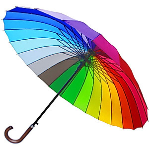 60MPH Windproof 24 Rib Large Strong Rainbow Umbrella - XL Automatic Heavy Duty Golf Umbrella For Rain and Wind - 3 Layer Frame - Wooden Hook Handle - Best for Most Ribs