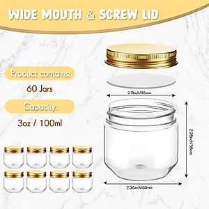 Tanlade 60 Pcs 3 oz Clear Plastic Jars with Lids Wide Mouth Mason Jars Mini Storage Containers Bulk for Herb Jelly Wedding Valentine Favors Shower Party Favors(Gold)