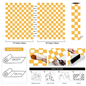Modern Peel and Stick Wallpaper Orange and White Mosaic Checkered Contact Paper 17.7"x78.8" Self Adhesive Lattice Wallpaper Removable Decorative Wallpaper for Bedroom Countertops Cabinet Vinyl Roll