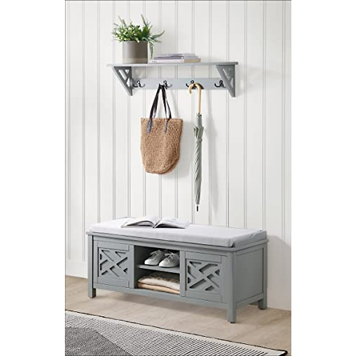 Alaterre Furniture Coventry Coat Hook & Storage Bench Hall Tree Set, Gray, Tool Organization For Entryway, Mudroom, Laundry Room, 4 Double Hooks, 3 Cubbies, 2 Sliding Doors, Traditional, Modern