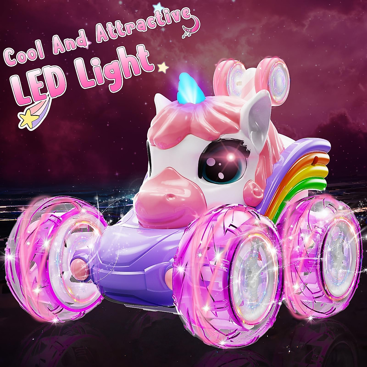 Unicorn Remote Control Car for Girls, 360° Rotating 4WD Stunt RC Cars with Cute Lights, Rechargeable Car Toys Birthday Gifts for Kids Girl Age 3 4-6 6-8