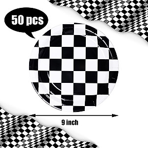 50 Packs Racing Car Paper Plates 9" Black and White Disposable Plates Checkered Flag Party Plates Round Dessert Dinner Paper Plate for Race Car Party Supplies Kids Birthday Tableware