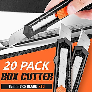 JOYUMY 20 Pack Utility Knife, Box Cutter Retractable, Box Knife for Cartons, Cardboard, and Boxes, Box Opener with 10 Pieces 18mm Snap-off Blade, Razor Knife for Office and Home Use, Box Cutters