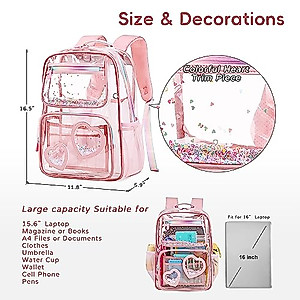 KIDNUO Clear Backpack for Girls Kids Elementary Bookbags Transparent Stadium Approved Travel Daypack See Through Middle College School Bag Large Laptop Backpacks for Women Teens Students (Pink)