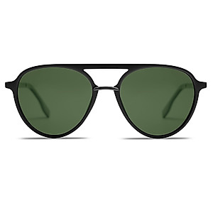 SOJOS Retro Aviator Polarized Sunglasses for Women Men Double Bridge Ladies Shades SJ2078 with Matte Black Frame/Green Lens