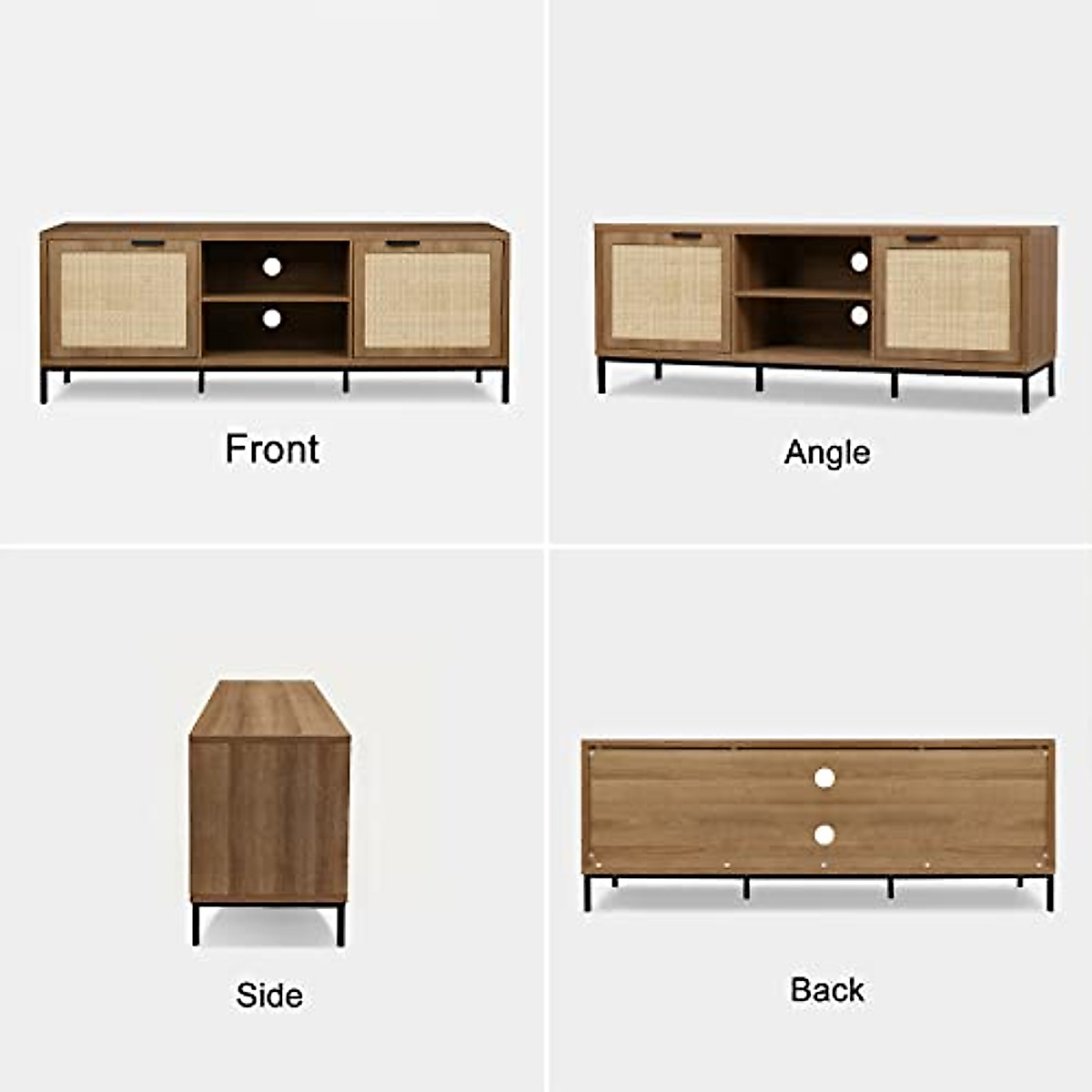 Anmytek Farmhouse Rattan TV Stand for 65 Inch TV Rustic TV Console Table with 2 Rattan Doors Modern Entertainment Center for Living Room Bedroom H0033