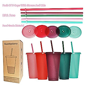 Suertestarry Tumbler with Straw and Lid,Water Bottle Iced Coffee Travel Mug Cup,Reusable Plastic Cups,Perfect for Parties,Birthdays,24oz-5 Pack (Rainbow Glitter(24oz)