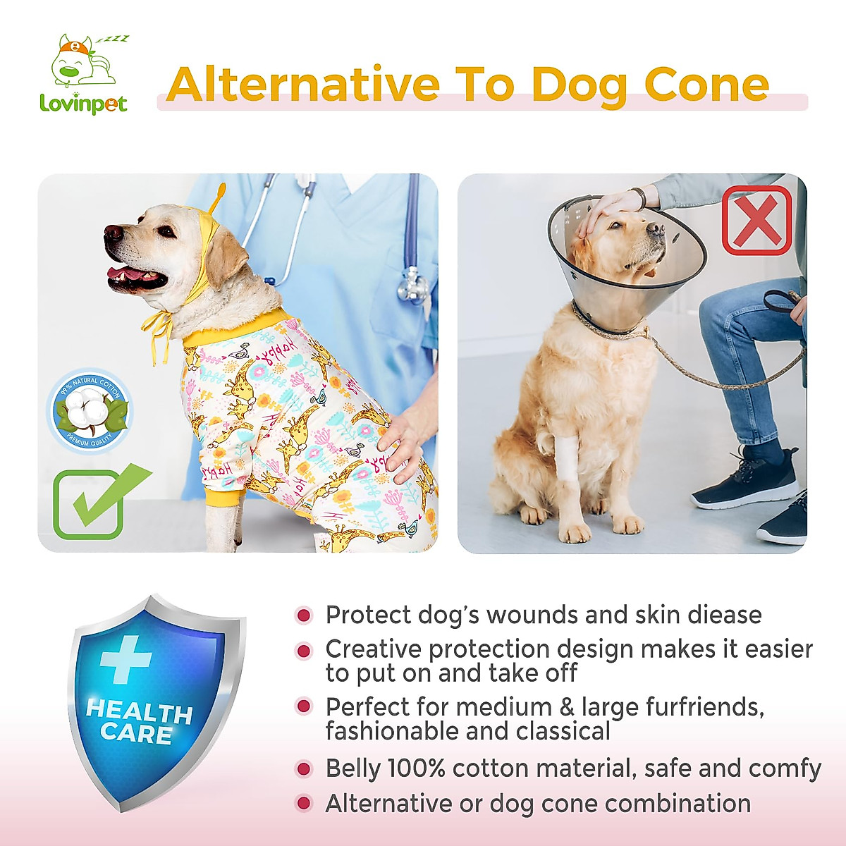 LovinPet Dog Surgery Recovery Suit - Professional Large Dog Recovery Suit Abdominal Wound Surgical Clothes Post-Operative Vest E-Collar Alternative Recovery,Giraffe,Yellow,L