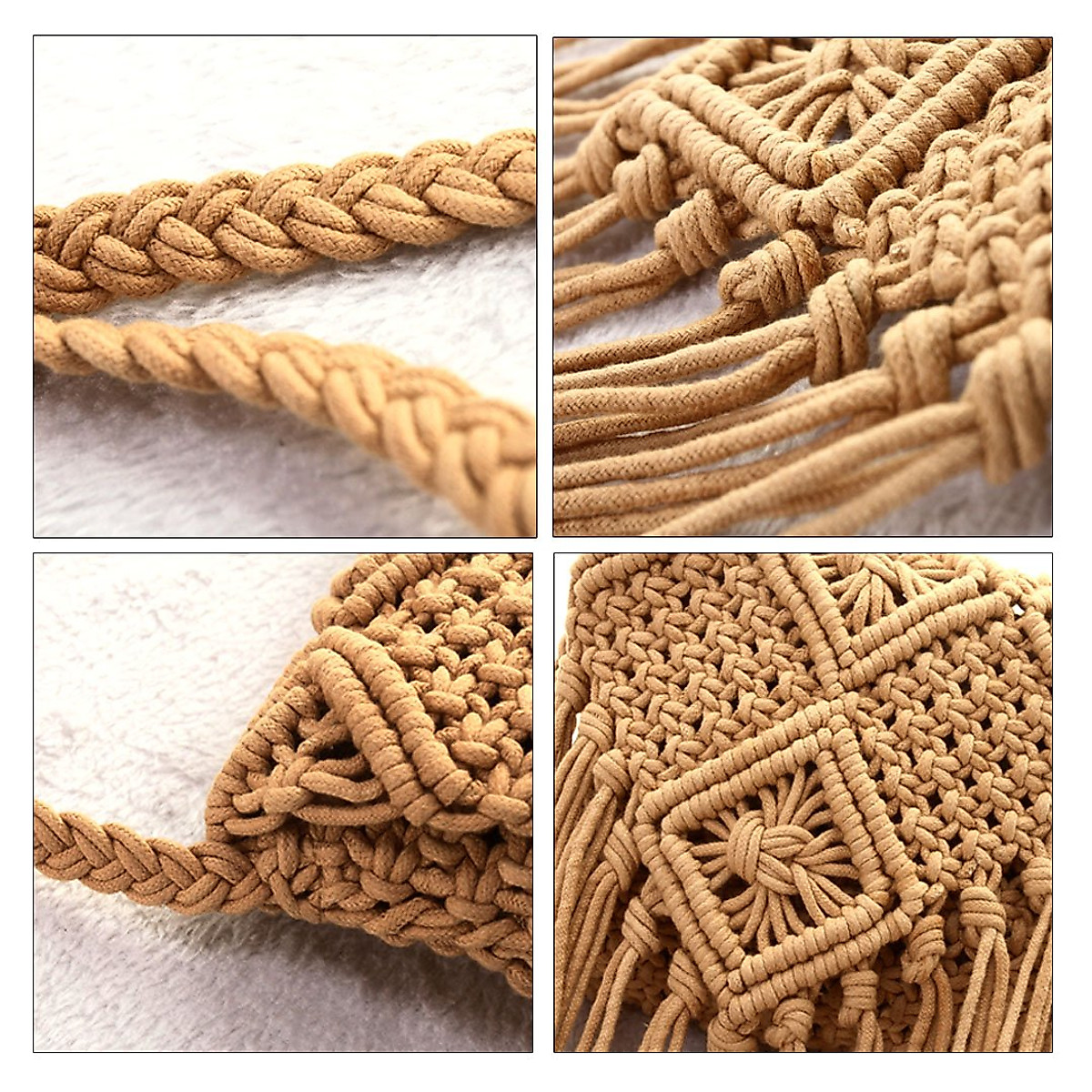 Monique Women Retro Fringed Cotton Crochet Cross-body Bag Small Messenger Bag Bohemian Summer Beach Tassel Shoulder Bag Purse Brown