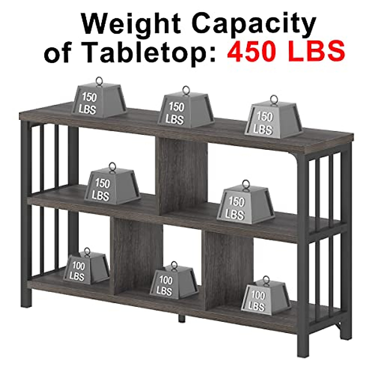IBF Industrial 5 Cube Storage Organizer Bookshelf, Rustic Low Horizontal Book Shelf, Metal and Wood Cube Bookcase for Bedroom, Modern Wide Cubby Shelf for Living Room Home Office, Dark Grey Oak, 47 In