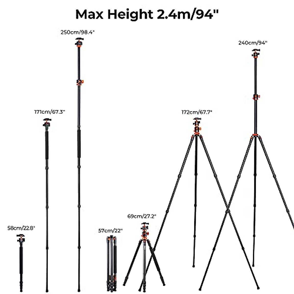 K&F Concept 94 Inch Camera Tripods 4 Section Ultra High Aluminum Professional Detachable Monopod Tripod with 360 Degree Ball Head Quick Release Plate for DSLR SLR Cameras T254A8+BH-28L (SA254T1)