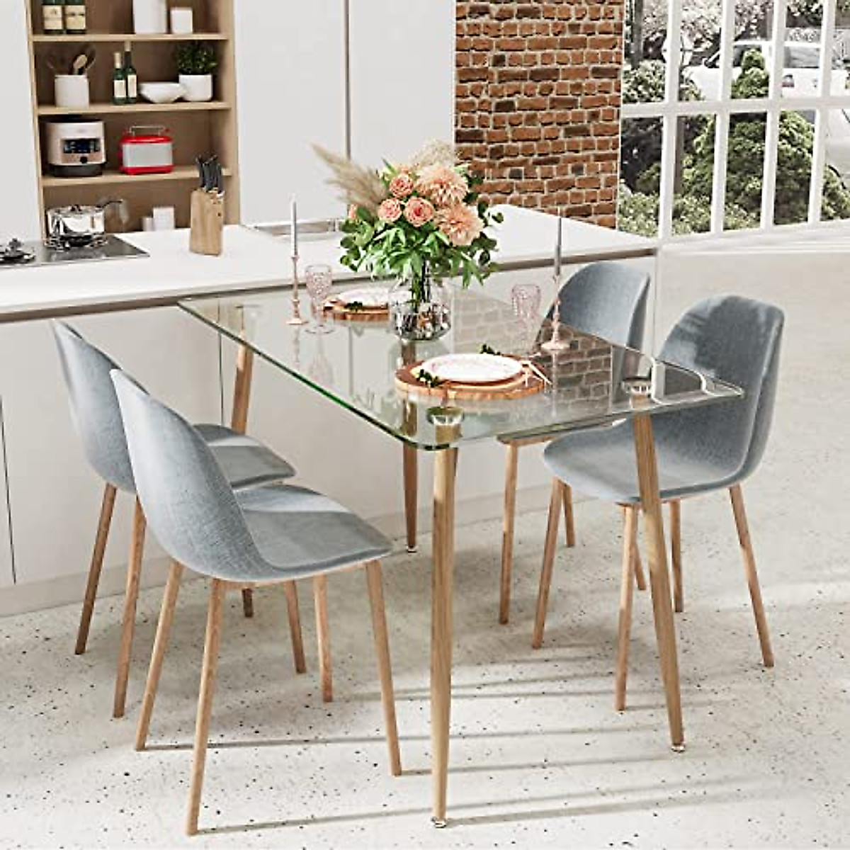 Tangkula 5 Pieces Dining Room Table Set, Modern Table & Chair Set for 4, 4 Grey Fabric Dining Chairs with Glass Dining Table for Small Living Room, Kitchen