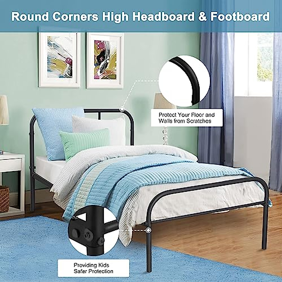 Voilamart Twin Bed with Storage with Headboard and Footboard, Black Metal Platform bed frame No Box Spring Needed,Twin bed frame for Kids