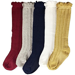 Jastore 5 Pairs Unisex Baby Girl Boy Lace Stocking Toddler Knit Knee High Cotton Socks (3-5T, A-Mixed Color-5 Pairs)
