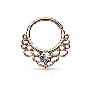 Covet Jewelry CZ Lotus Filigree All Brass Bendable Septum/Cartilage Rings (Rose Gold/Clear)