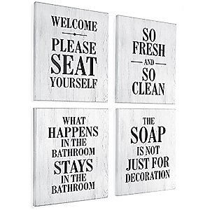 Excello Global Products Wooden Bathroom Humor Signs : Decor for Home, Restaurant, or Business - 8x10 Inches - Ready to Hang - White - (Pack of 4, Assortment 1)