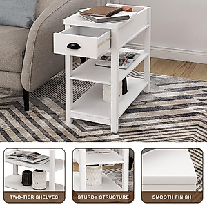 Narrow Flip Top End Table - LifeSky Slim End Table with Drawer - End Tables with Storage for Small Spaces Living Room White