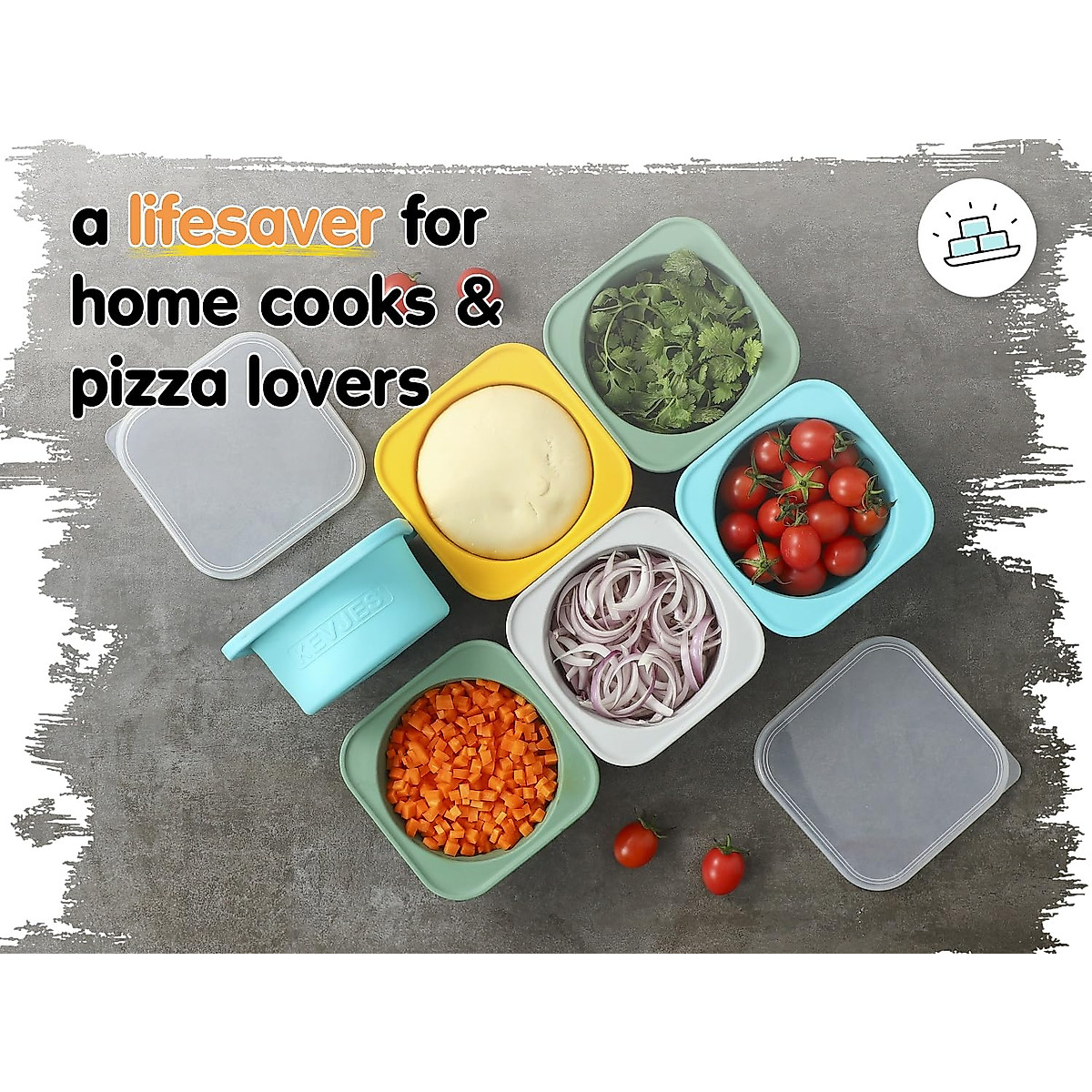 KEVJES PLUS Large 1000ml Pizza Dough Proofing Boxes for DIY Artisan Pizza, Food Grade Silicone Stackable Containers with Lids. Freezer, Fridge, Dishwasher Safe (3Space Grey Plus)
