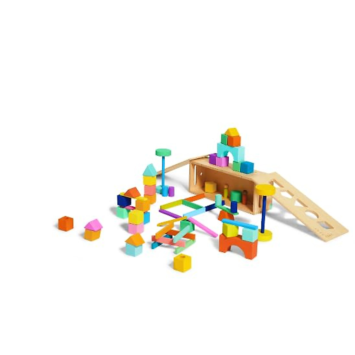 The Block Set by Lovevery – Solid Wood Building Blocks and Shapes + Wooden Storage Box, 70 Pieces, 18 Colors, 20+ Activities