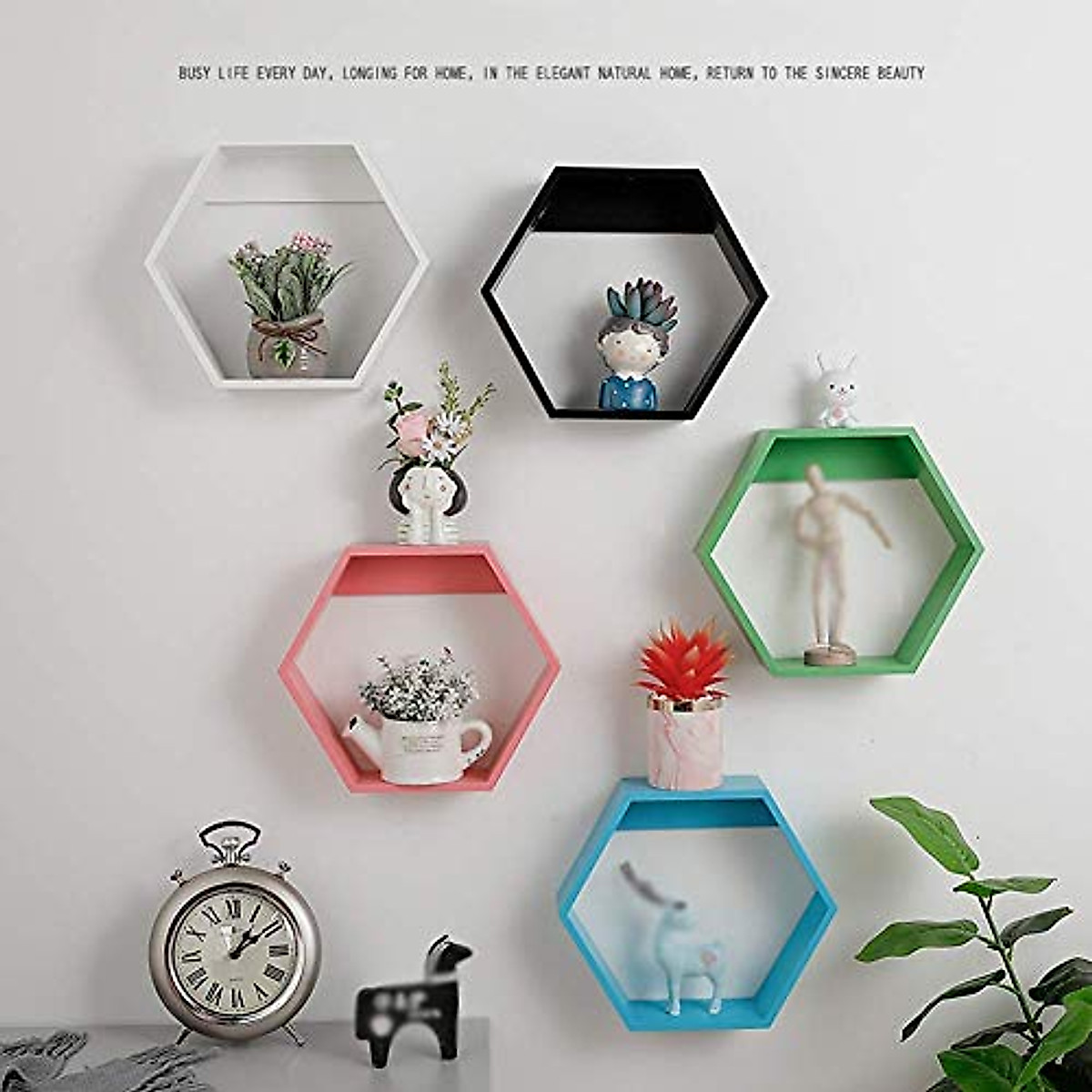 PIBM Stylish Simplicity Shelf Wall Mounted Floating Rack Shelves Wooden Lattice Simple Hexagon Collection Display Stand Storage Bedroom Living Room,5 Colors, Blue , 30x8x26cm