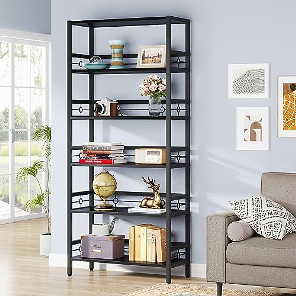 Tribesigns 71" Tall Bookshelf, Modern 6-Tier Etagere Bookcase, Freestanding Open Book Shelves, Wood and Metal Storage Display Rack, Unique Shelving Unit for Home Office, Living Room, Black