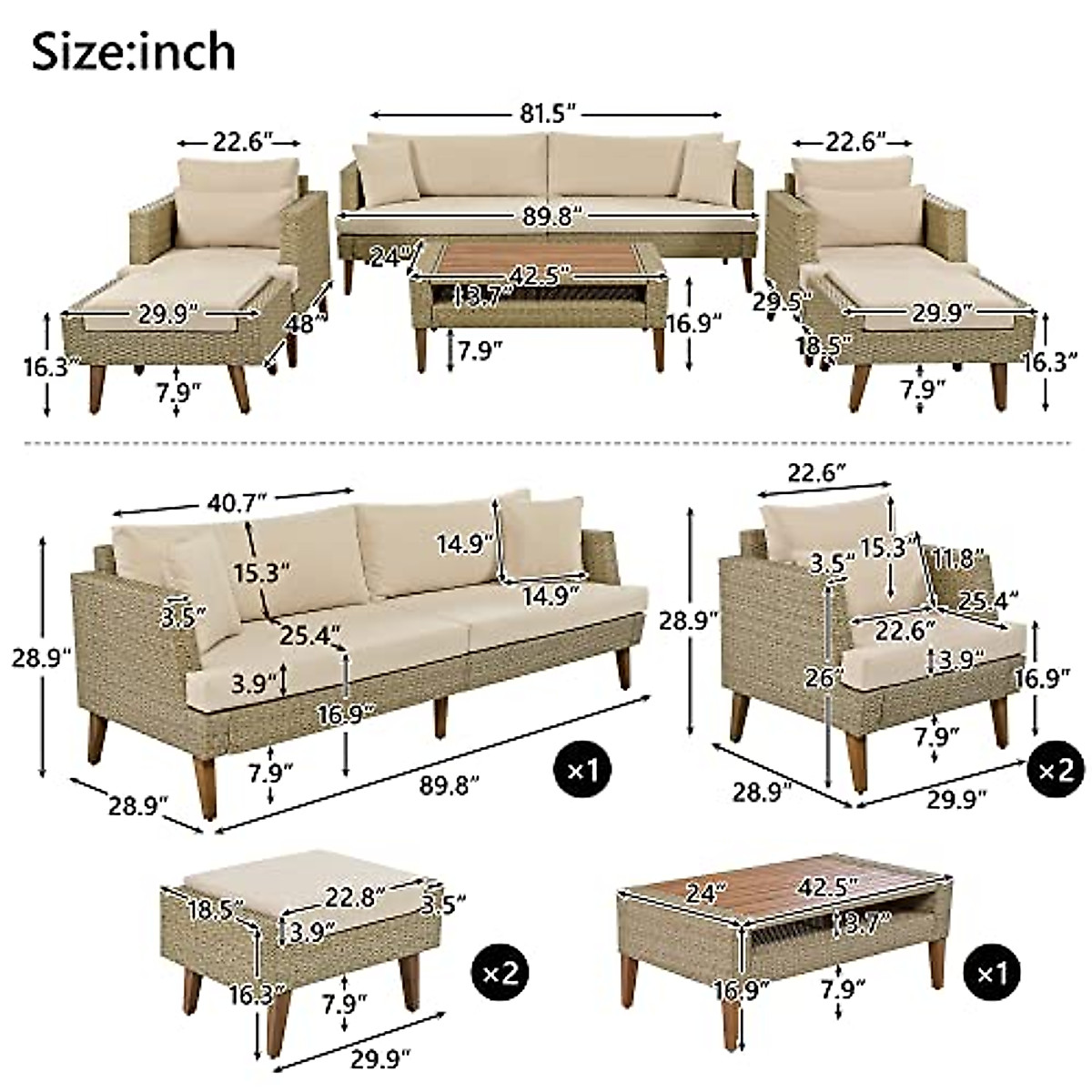 6-Piece Patio Sectional Set Outdoor Rattan Sofa Set With Double Cushions and Coffee Table, Brown Wicker Outdoor Sofa with Cushions & Wood Table Top and Wood Legs, All-Weather PE Wicker Couch Set