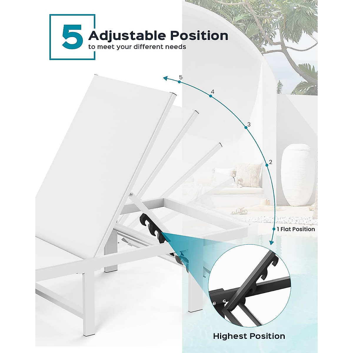 Aluminum Chaise Lounge Chair Outdoor, Patio Lounge Chair with Adjustable 5-Position Recliner and Full Flat Tanning Chair for Patio, Beach, Pool, White