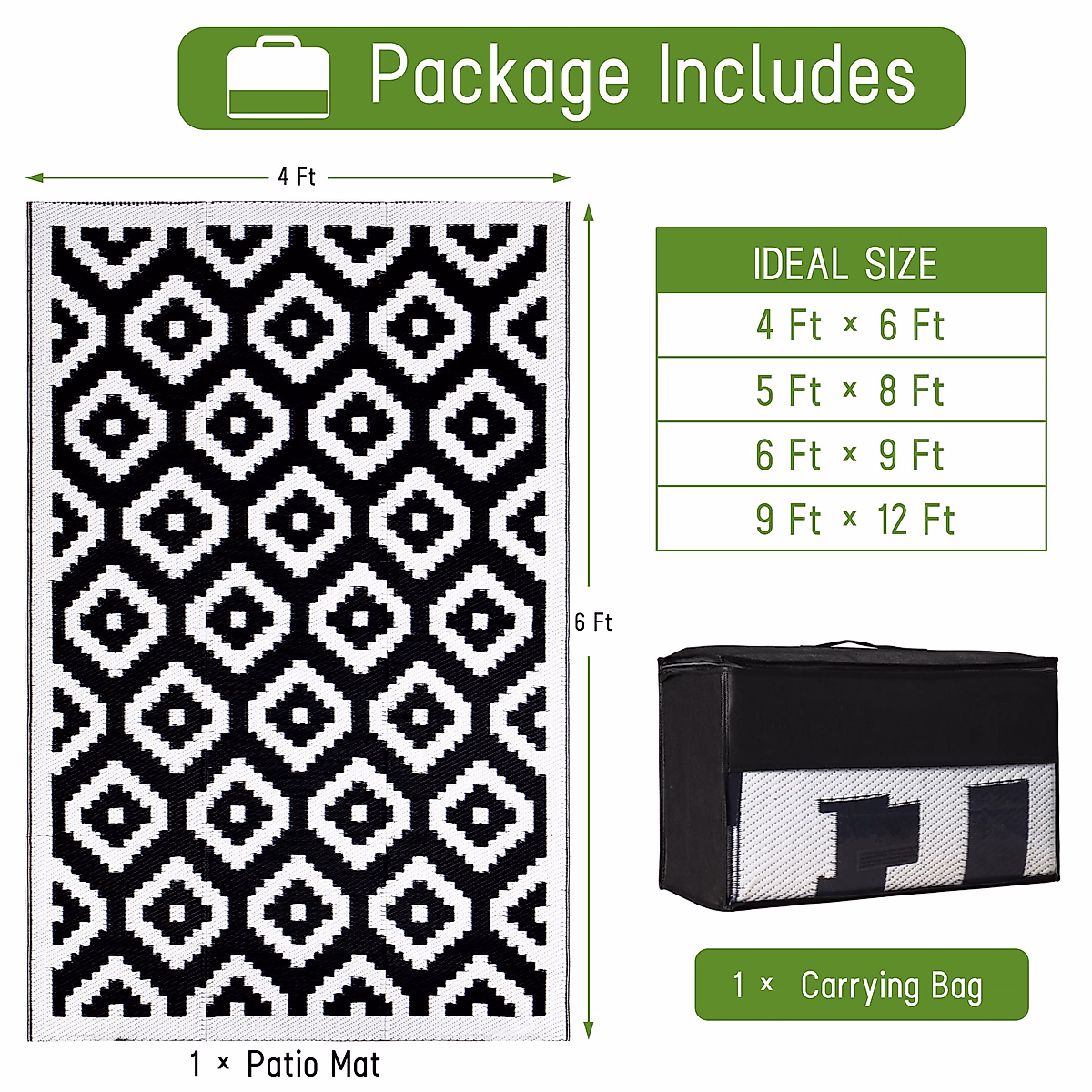 Easy-Going Reversible Outdoor Rugs 4x6ft Waterproof Plastic Straw Rug Stain & UV Resistant Floor Mat for Patio Porch RV Backyard Pool Deck Picnic Beach Trailer Camping (Diamond/Black & White)