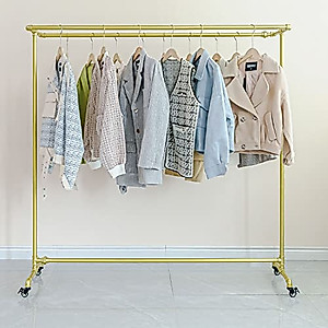 CIVANA Industrial Pipe Clothing Rack, Gold Garment Rack with Wheels, Commercial Clothes Hanging Rod, Home Cloth Organizer, Steampunk Display Hanger for Boutique/Laundry, 63in