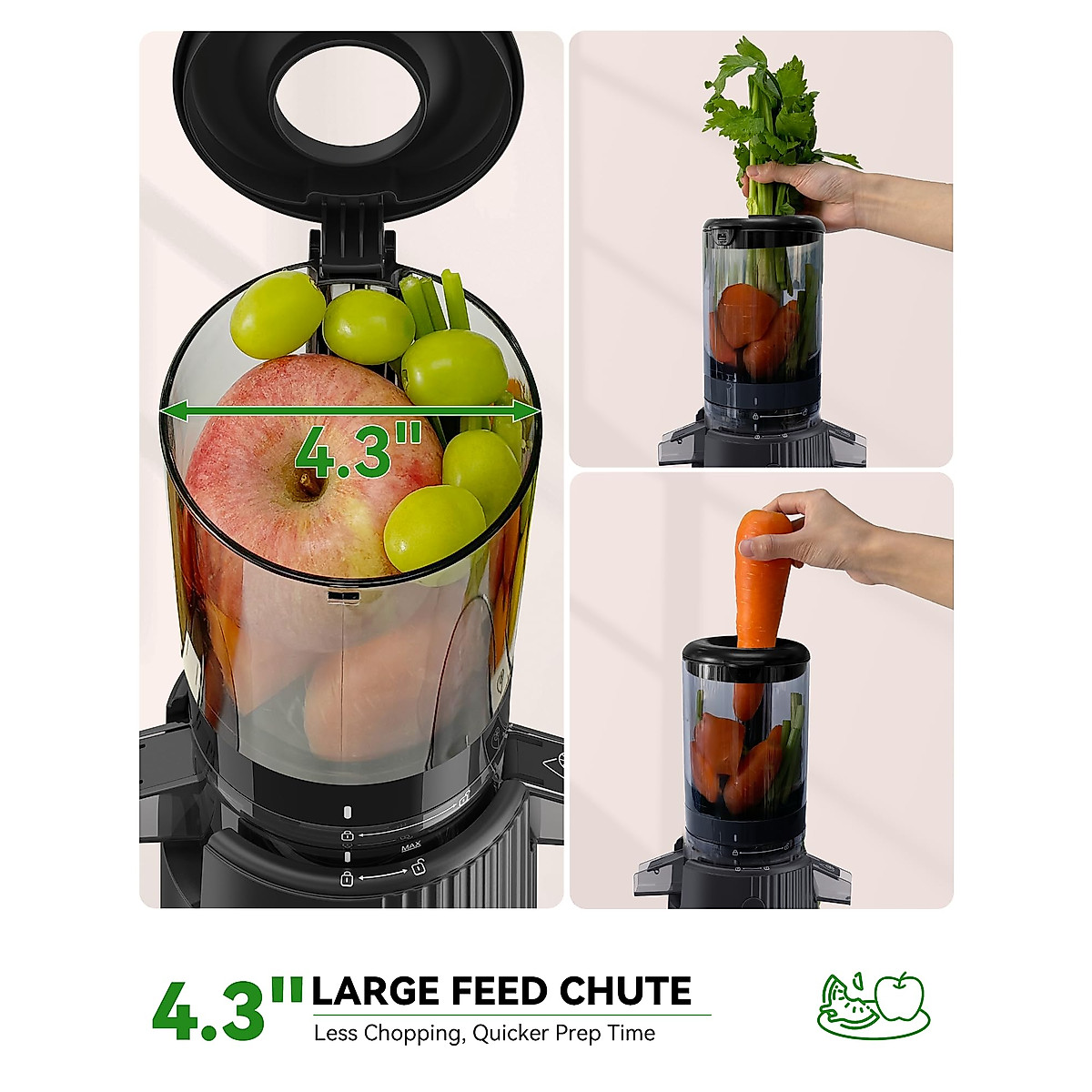 ACOQOOS Juicer Machines, Cold Press Juicer Whole Fruit and Vegetable with 4.3" Feeding Chute, Easy to Clean Juicers with 2 Cups, Masticating Juicer Black