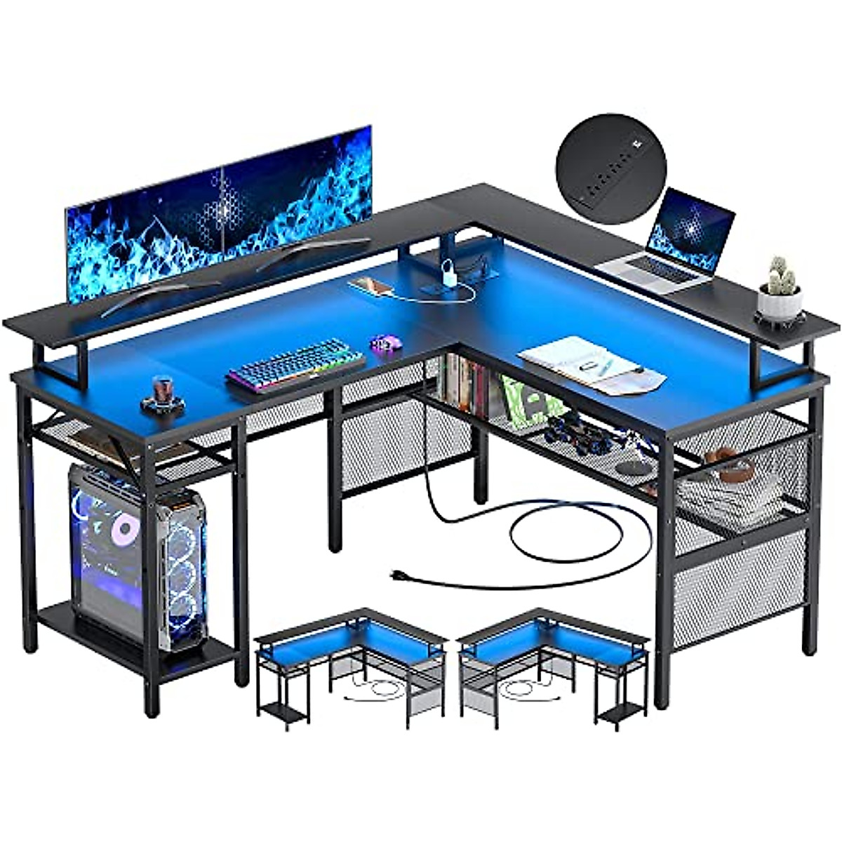 Unikito L Shaped Desk with LED Strip and Power Outlets, 2 Person Computer Desk with LED Light and Power Outlet, Double Gaming Desk,Black