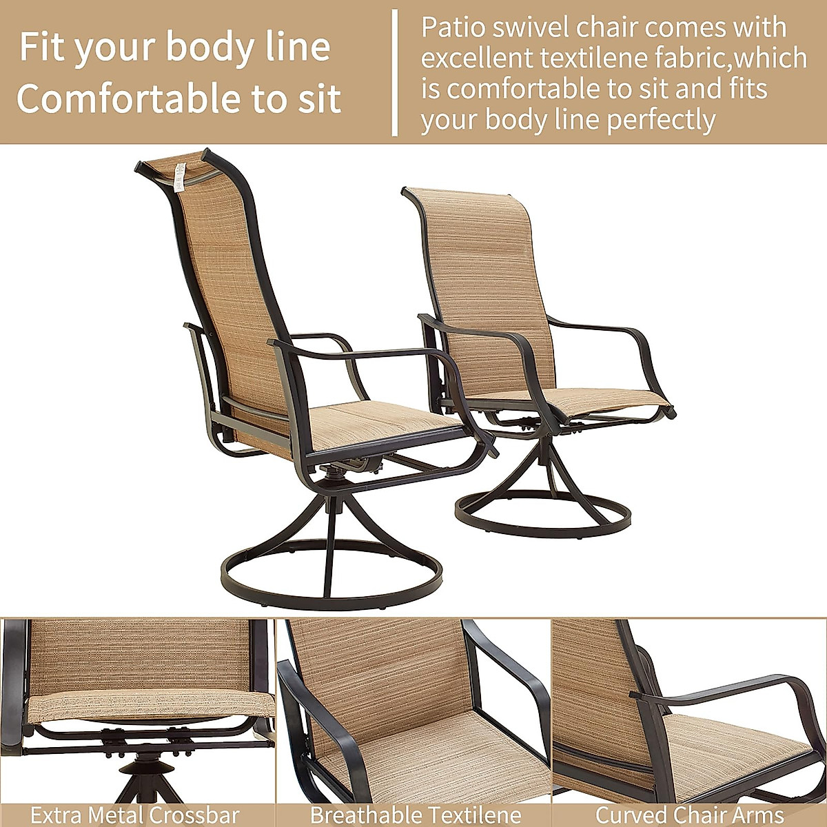 PatioFestival Patio Dining Chairs Textilene Outdoor High Back Swivel Rockers with All Weather Frame (Beige,Set of 2)