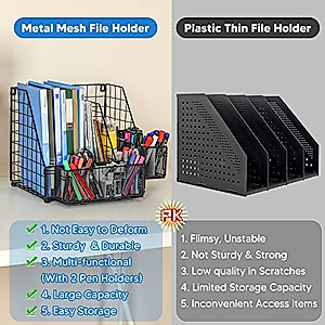 Magazine Holder Rack, Vertical Desk File Organizer,Metal Mesh Folder Binder Holder with 3 Adjustable File Compartments 2 Pen Organizers, Paper File Rack Home Office Desk Organizers and Accessorie
