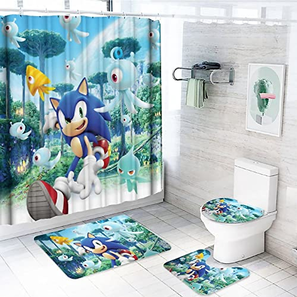 BOABIXA Son.ic The Hedge.hog 4 Piece Shower Curtain Sets, with Non-Slip Rugs, Toilet Lid Cover and Bath Mat, Durable and Waterproof, for Bathroom Decor Set, 72inch X 72inch (20220305)