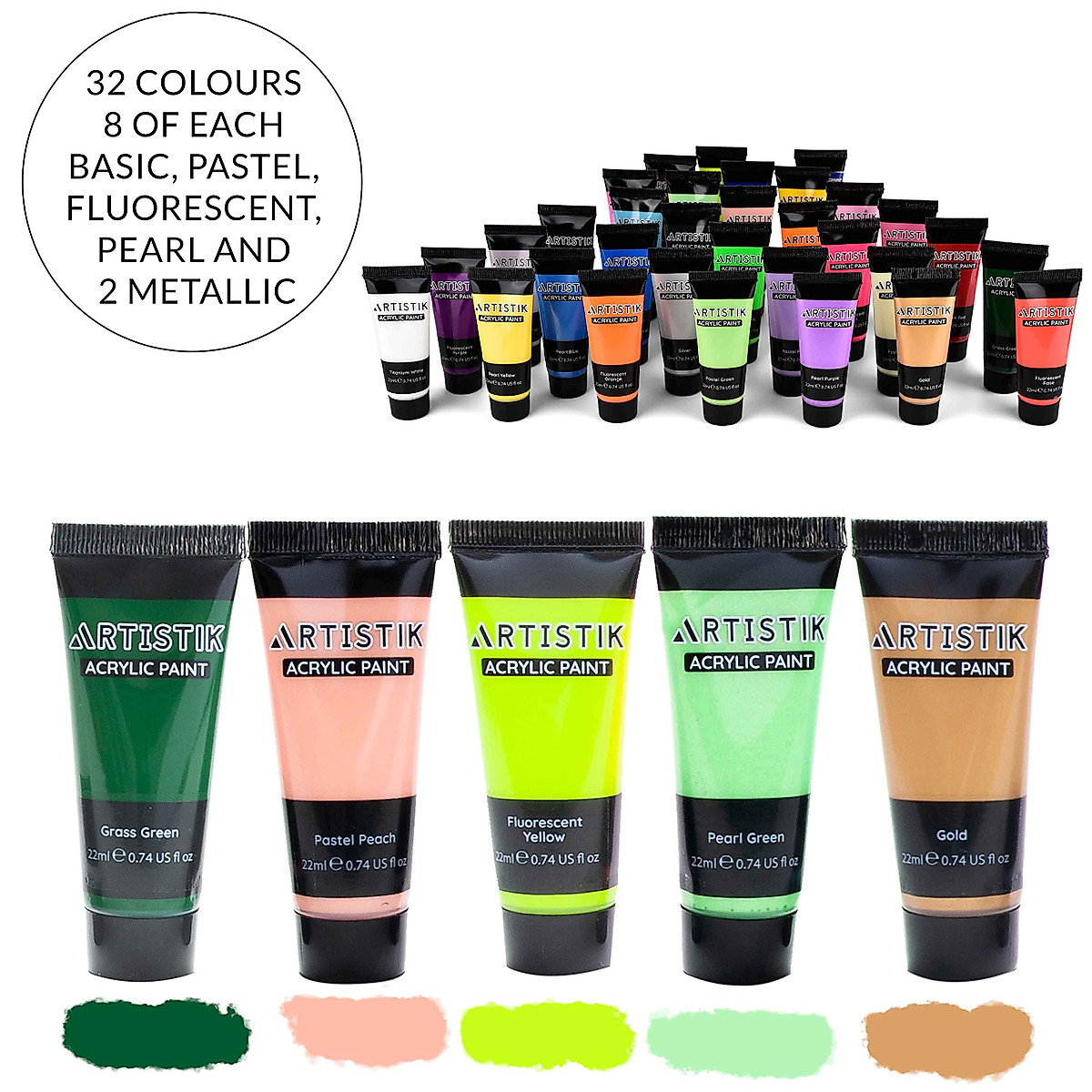 ARTISTIK Acrylic Paint Tube Set of 32-22ml Paint Tubes with 3 Brushes for Adults, Kids and Artists - Non-Toxic Artist Quality Paints for Canvas Painting, Wood Crafts, Ceramic and Art Supplies