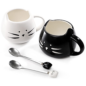 ZEAYEA Set of 2 Cat Coffee Mug, 12 oz Ceramic Cute Tea Milk Cup with Spoon for Women Girls Cat Lovers, Couple Coffee Mugs Best Gift for Christmas, Birthday, Anniversary, White and Black