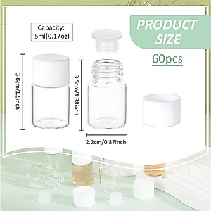 BENECREAT 60Pcs 5ml/0.17oz Clear Glass Vials Small Liquid Sample Vial with White Plastic Screw Caps Portable Bottles Vials for Essential Oil Preservation Sample Capture Storage/Aromatherapy