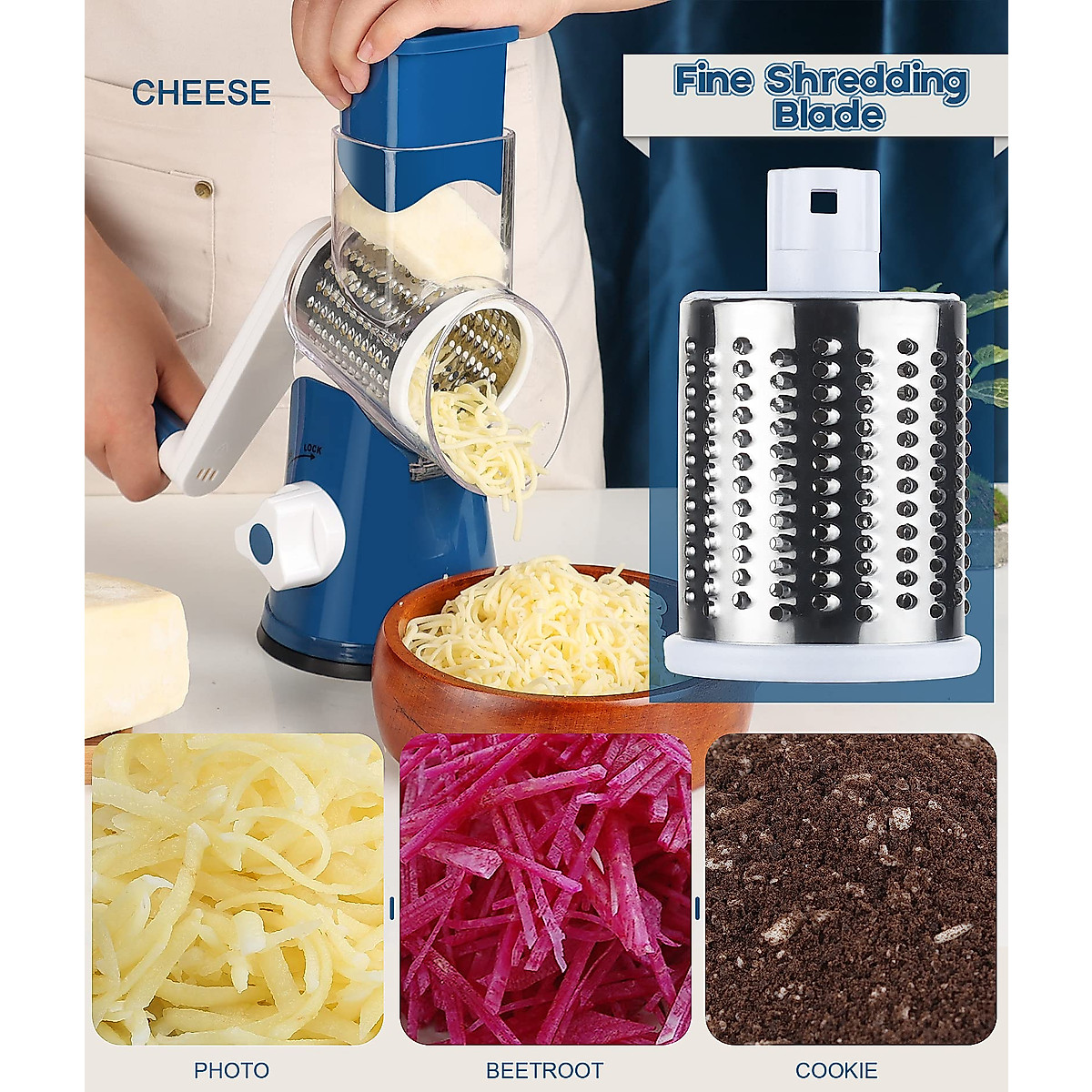 Rotary Cheese Grater Round Mandolin Slicer, Ourokhome Handheld Hashbrown Shredder with 3 Drum Blades, Kitchen Manual Speed Walnut Grinder for Potato, Carrot, Vegetables, Nuts, Zucchini (Dark Blue)