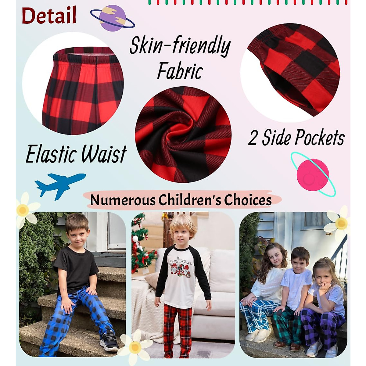 Ekouaer Boys Pajama Pants Long Sleep Pants Soft Elastic Waist Pajama Bottoms Plaid Lounge Pants with 2 Pockets
