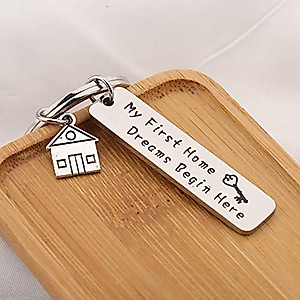 FEELMEM New Home Keychain My First Home Dreams Begin Here Keychain First Home Gift Realtor Gift Key Chain Housewarming Gift for New Home Owner (silver)