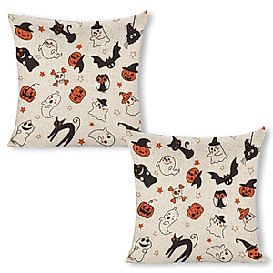 Halloween Ghosts Pattern Throw Pillow Covers 18×18 Pillowcases Set of 2 Cartoon Style Linen Decorative Square Pillow Case Cushion Covers Standard Size for Sofa Couch Outdoor Bed Pillow Protectors