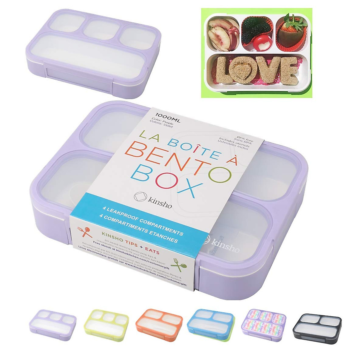 kinsho Bento Lunch Box for Kids Lunch-Boxes for Women Adults Girls Boys | Leakproof Snack Containers for Toddlers Tweens Pre-School Lunches BPA Free | Purple, 4 compartments