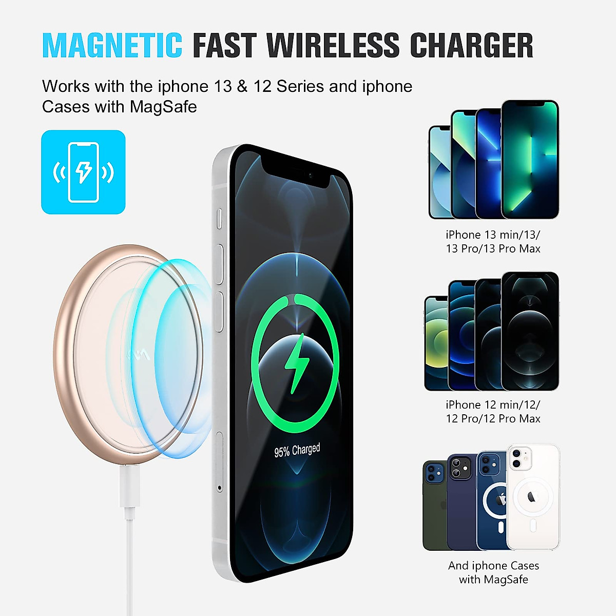 Magnetic Wireless Charger, Vebach Fast Aluminum Wireless Charging Pad with Detachable Cable Compatible with iPhone14/14plus/ 13/13 Pro/13 Pro Max/13 Mini, 12/12 Pro/12 Pro Max, AirPods 3 2 Pro etc