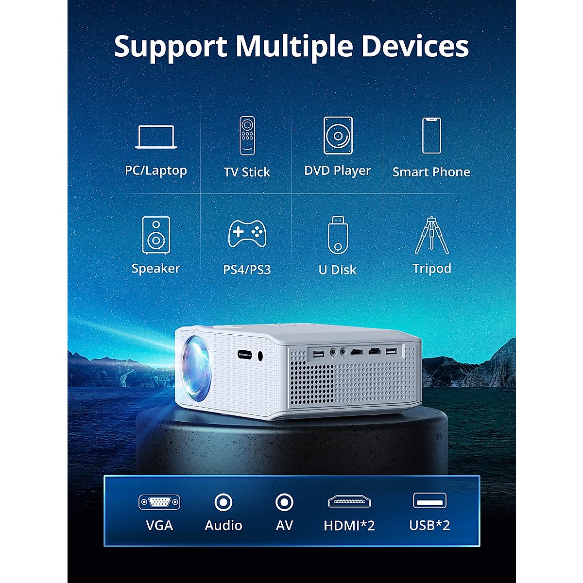 Projector 4K with WiFi and Bluetooth Supported, MiTecHPro 450 ANSI Portable Movie Projector, with Zoom Function and Timer Shutdown, FHD 1080P Outdoor Projector for HDMI/USB/Laptop/iOS & Android Phone