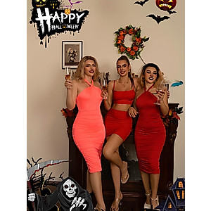 BEAGIMEG Women's Ruched Cami Crop Top Bodycon Skirt 2 Piece Outfits Dress Red